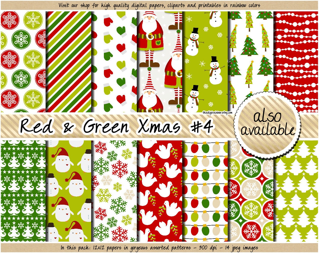 SALE Christmas Digital Paper Red and Green Christmas Digital | Etsy
