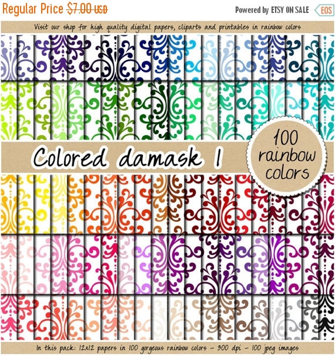 100 Elegant Damask Digital Paper Rainbow Scrapbooking Kit Damask ...