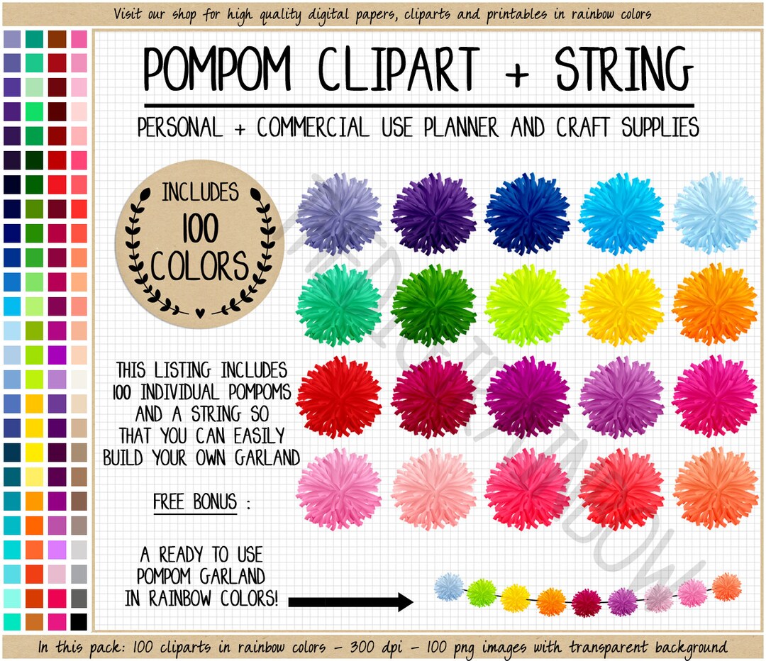 SALE 100 POMPOM Clipart Pom Pom Sticker Rainbow Pom Pom Garland ...