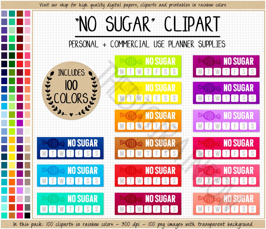 SALE 100 NO SUGAR Clipart Sugarfree Diet Eat Clean Digital Sticker ...