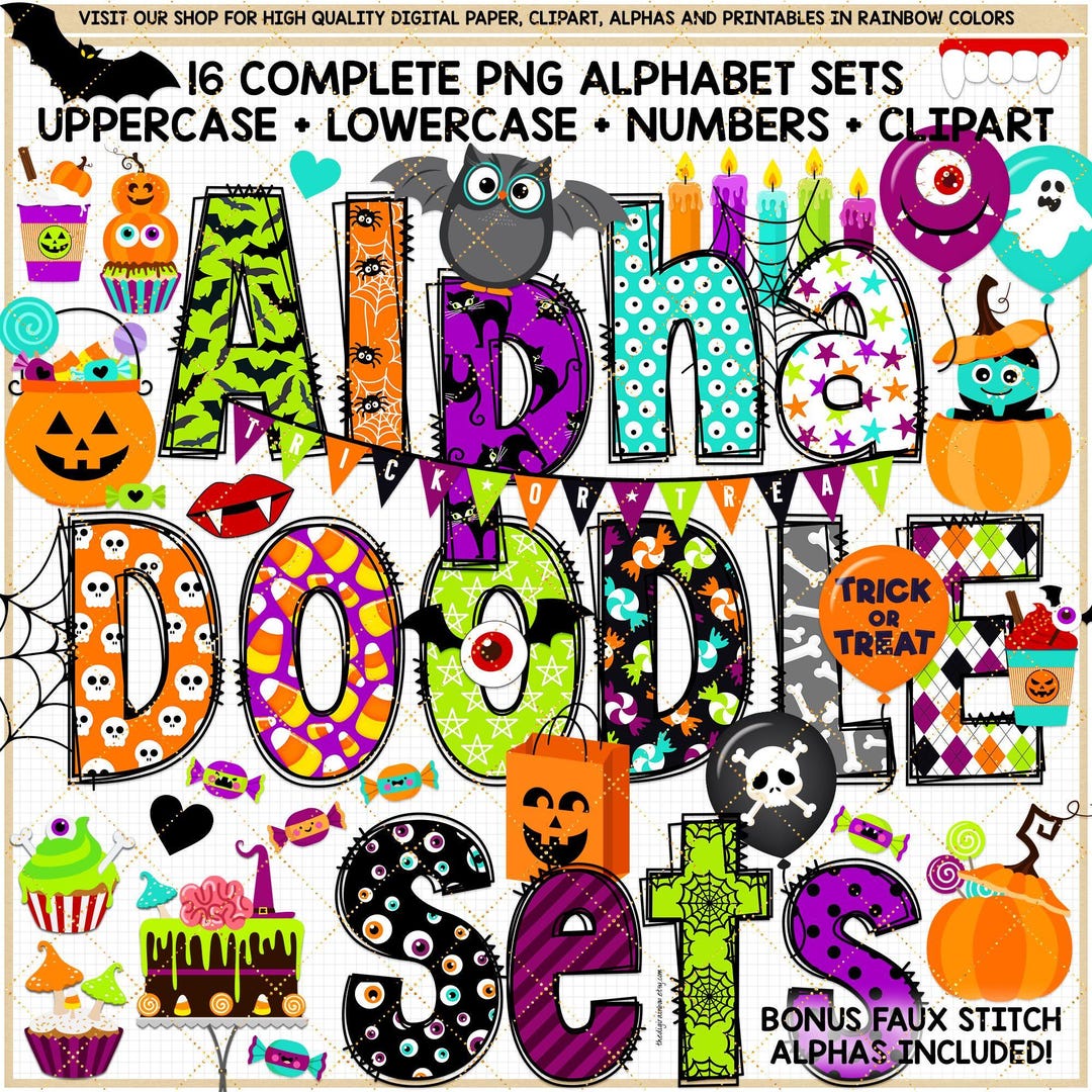 Halloween Doodle Alphabet PNG Font Spooky Pumpkin Lantern Vampire Ghost ...