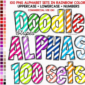 100 Doodle Alphabet PNG Bundle in Rainbow Colors, Bright Sublimation ...