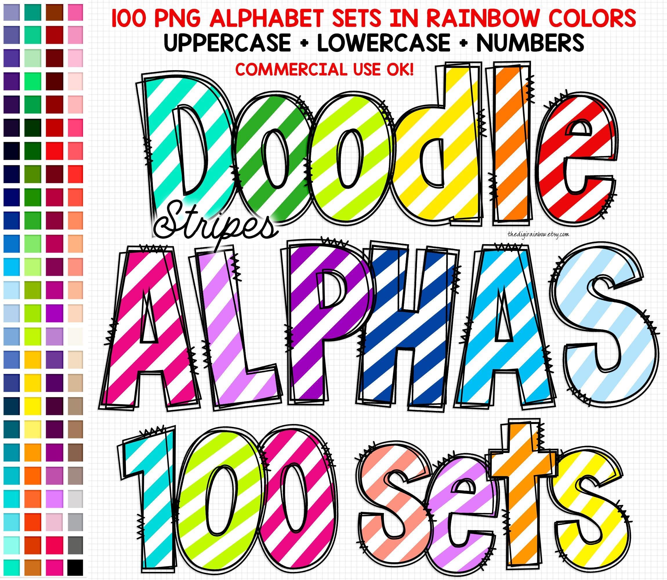100 Doodle Alphabet PNG Bundle in Rainbow Colors, Bright Sublimation ...