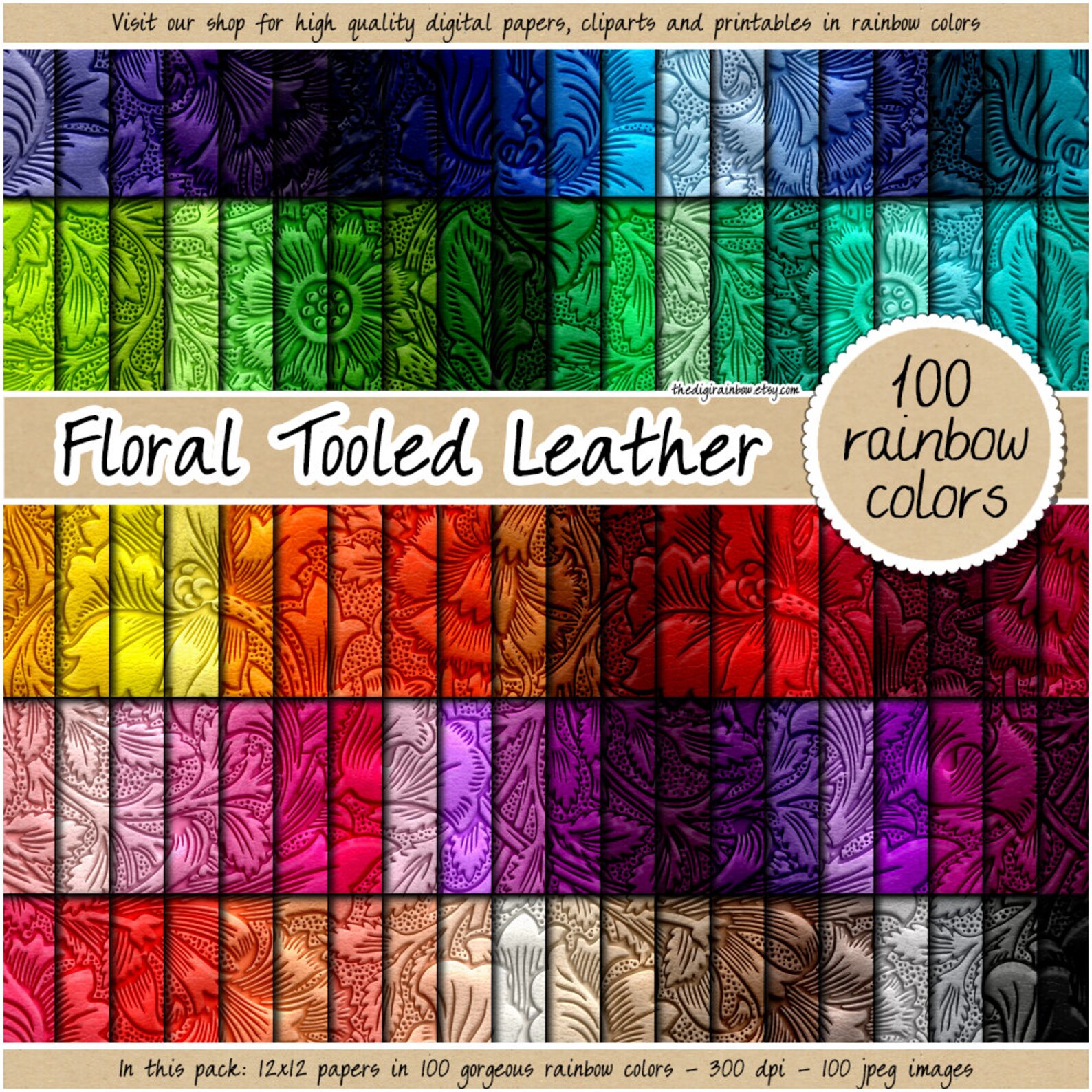 SALE 100 Tooled Leather Digital Paper Rainbow Leather Texture Floral ...
