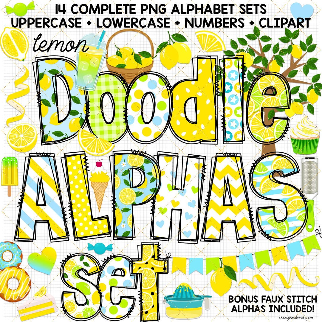 Lemonade Doodle Alphabet PNG Summer Alpha Letter Bundle Lemon Pattern ...