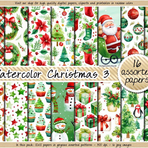Watercolor Christmas Digital Paper - Etsy