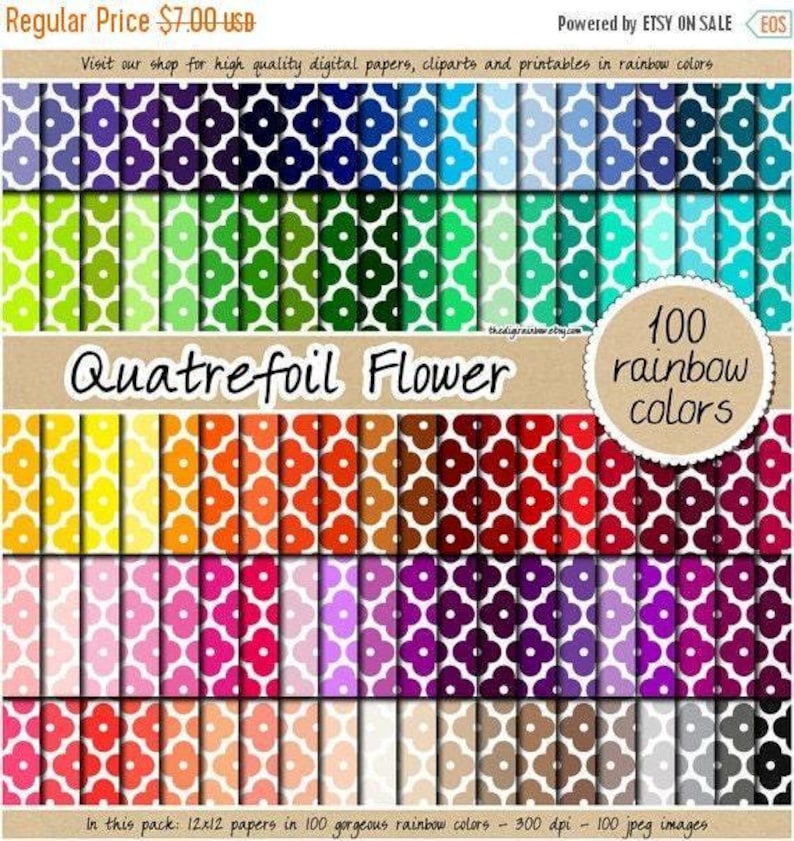 100 Quatrefoil Flower Digital Paper Mosaic Tile Digital Rainbow Paper ...