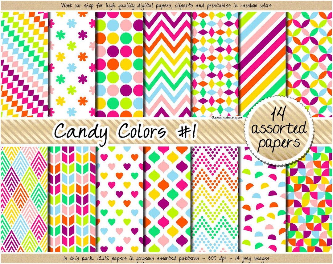 SALE Candy Digital Paper Rainbow Background Bright Patterns Geometric ...