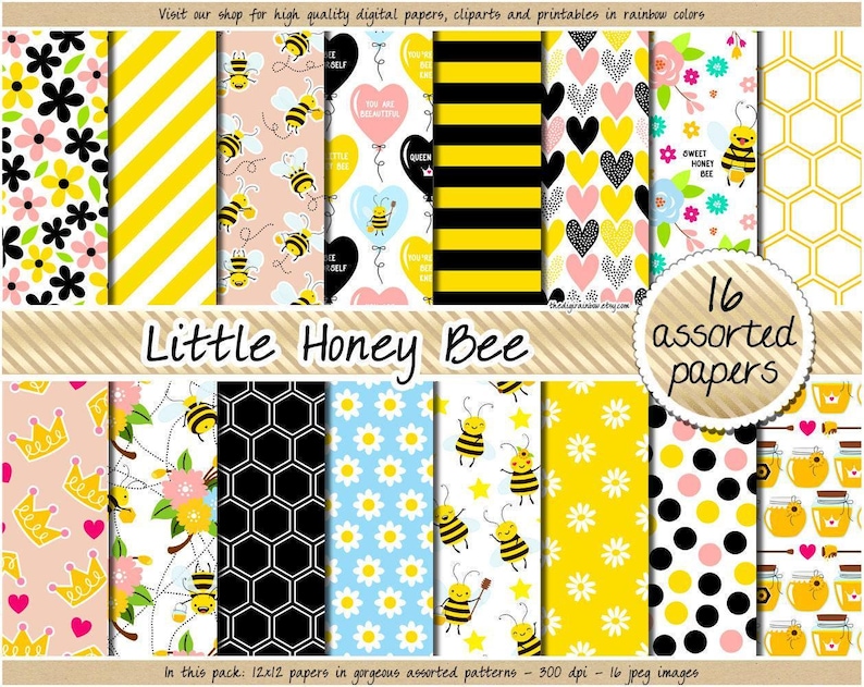 SALE Honey Bee Digital Paper Honeycomb Pattern Floral Pattern Queen Bee ...