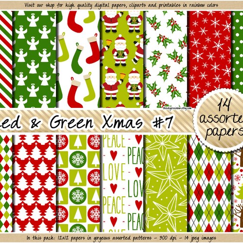 SALE Christmas Digital Paper Red and Green Christmas Digital - Etsy