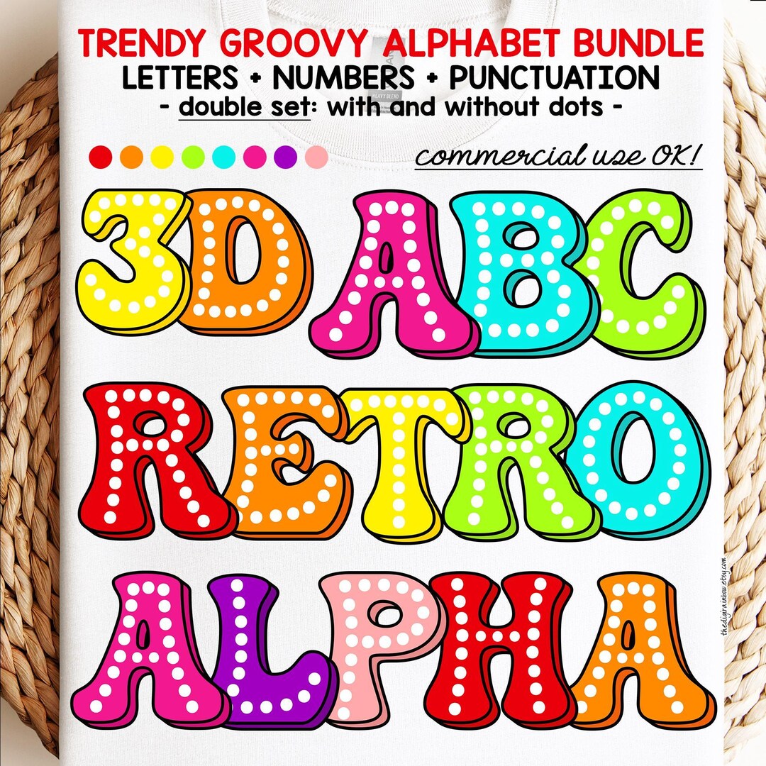 Groovy Dot Alphabet PNG Bundle Colorful Retro Letter Rainbow ...