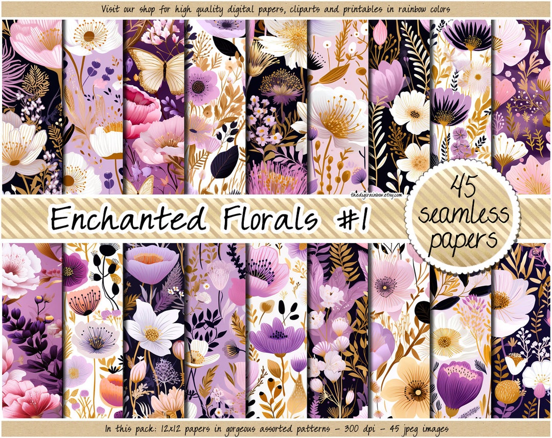 Watercolor Floral Digital Paper Seamless Romantic Pattern Gold Rose ...