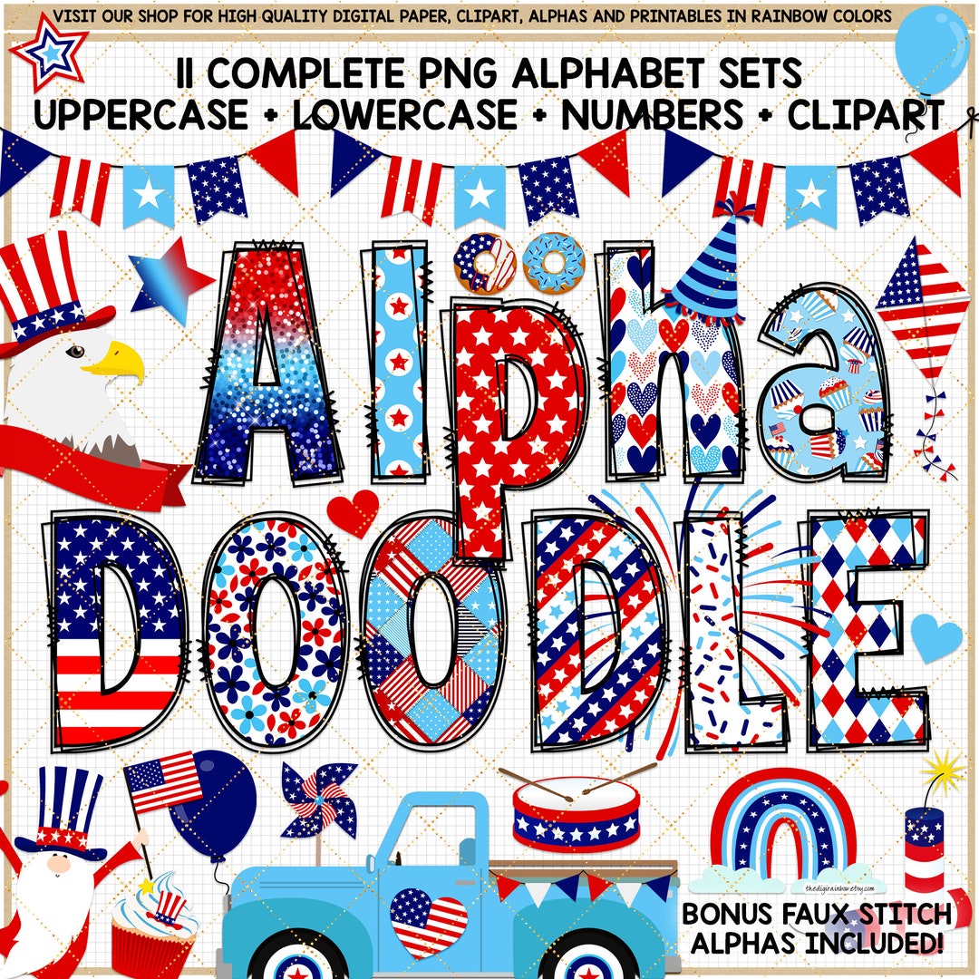4th of July Doodle Alphabet Patriotic PNG Font American Flag Clipart ...
