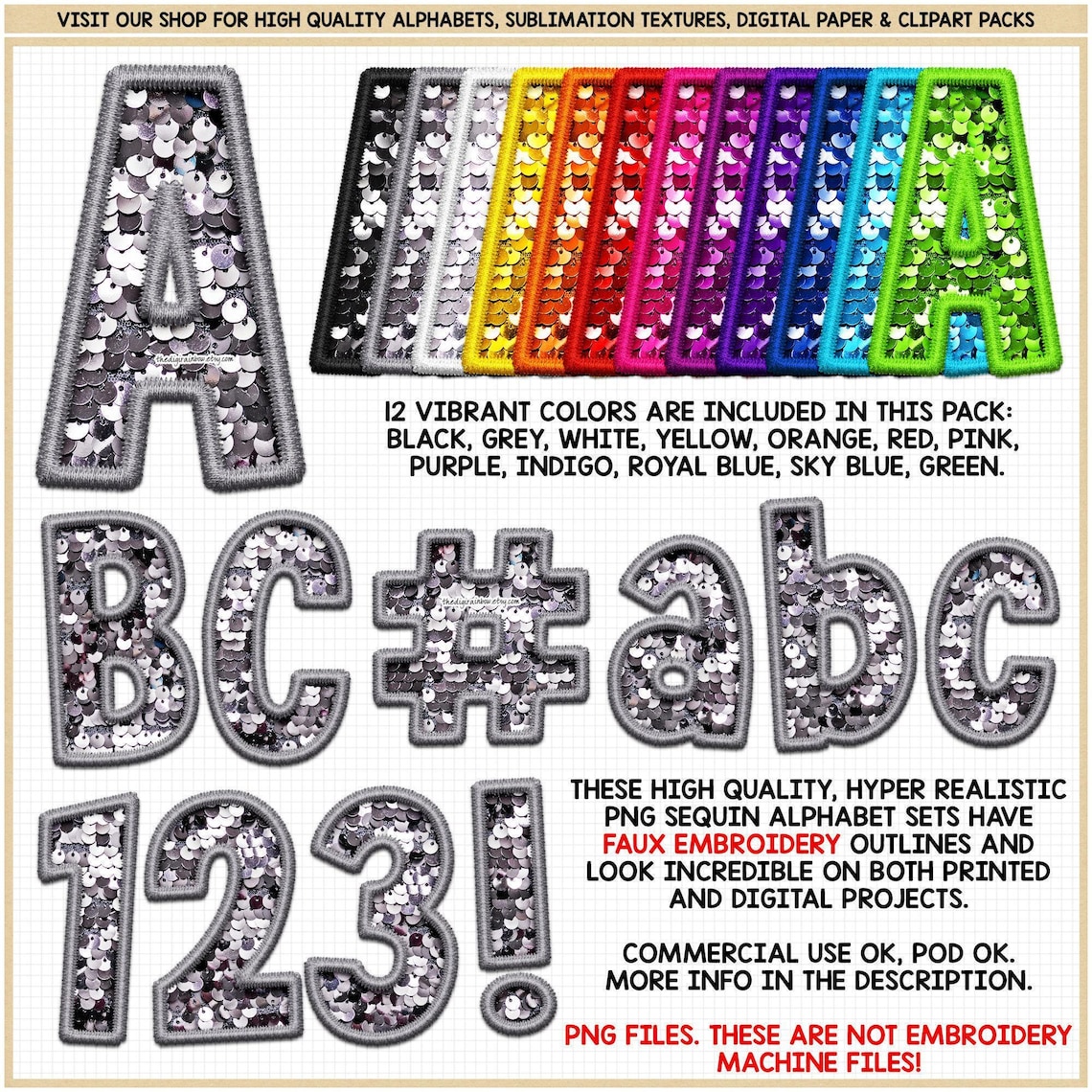 Sequin Alphabet PNG Bundle, Faux Embroidery Sublimation Design, Rainbow ...