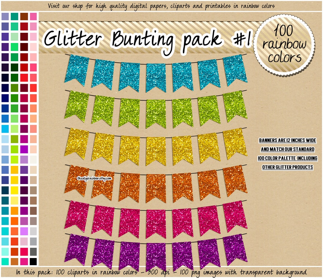 SALE 100 Glitter Bunting Clipart Flag Clipart Banner Clipart Glitter ...