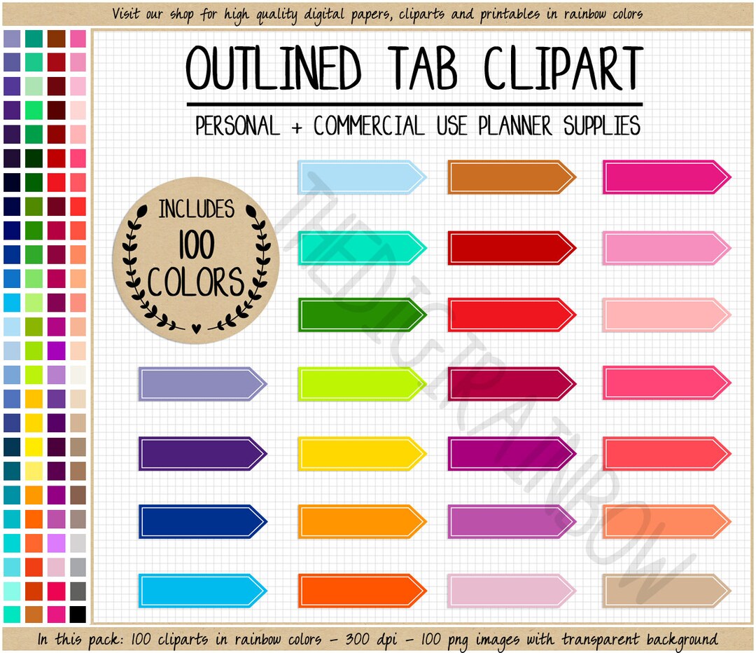 SALE 100 BLANK TAB Clipart Rainbow Tab Stickers Bright Planner Stickers ...