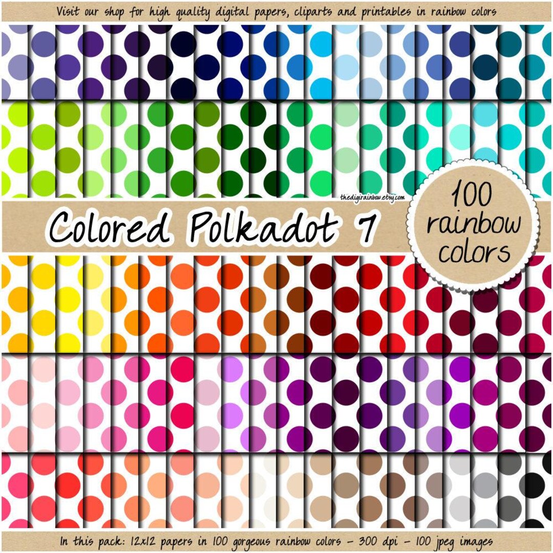 100 Rainbow Polkadot Digital Paper Seamless Printable Background Polka ...