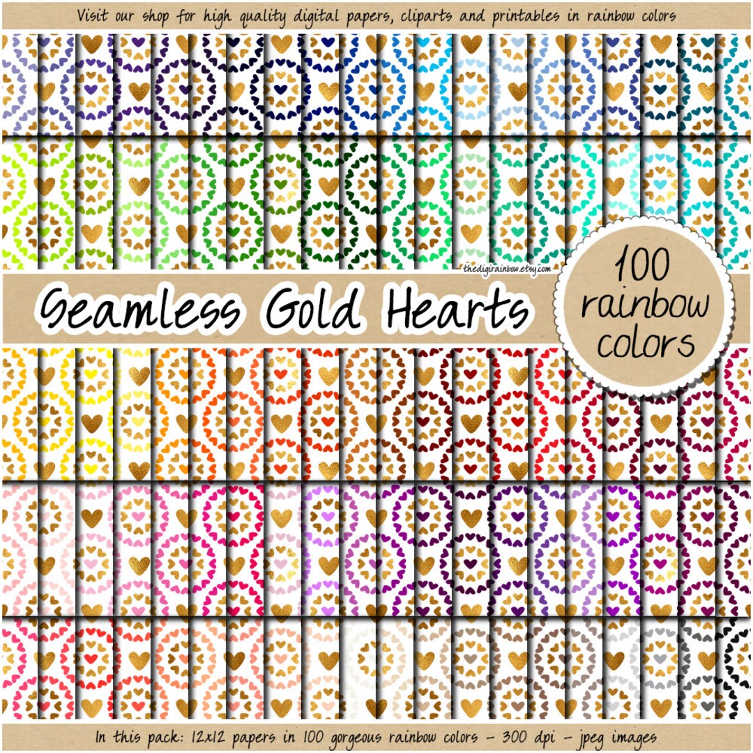 100 Gold Foil Heart Digital Paper Seamless Valentine's Day Digital ...