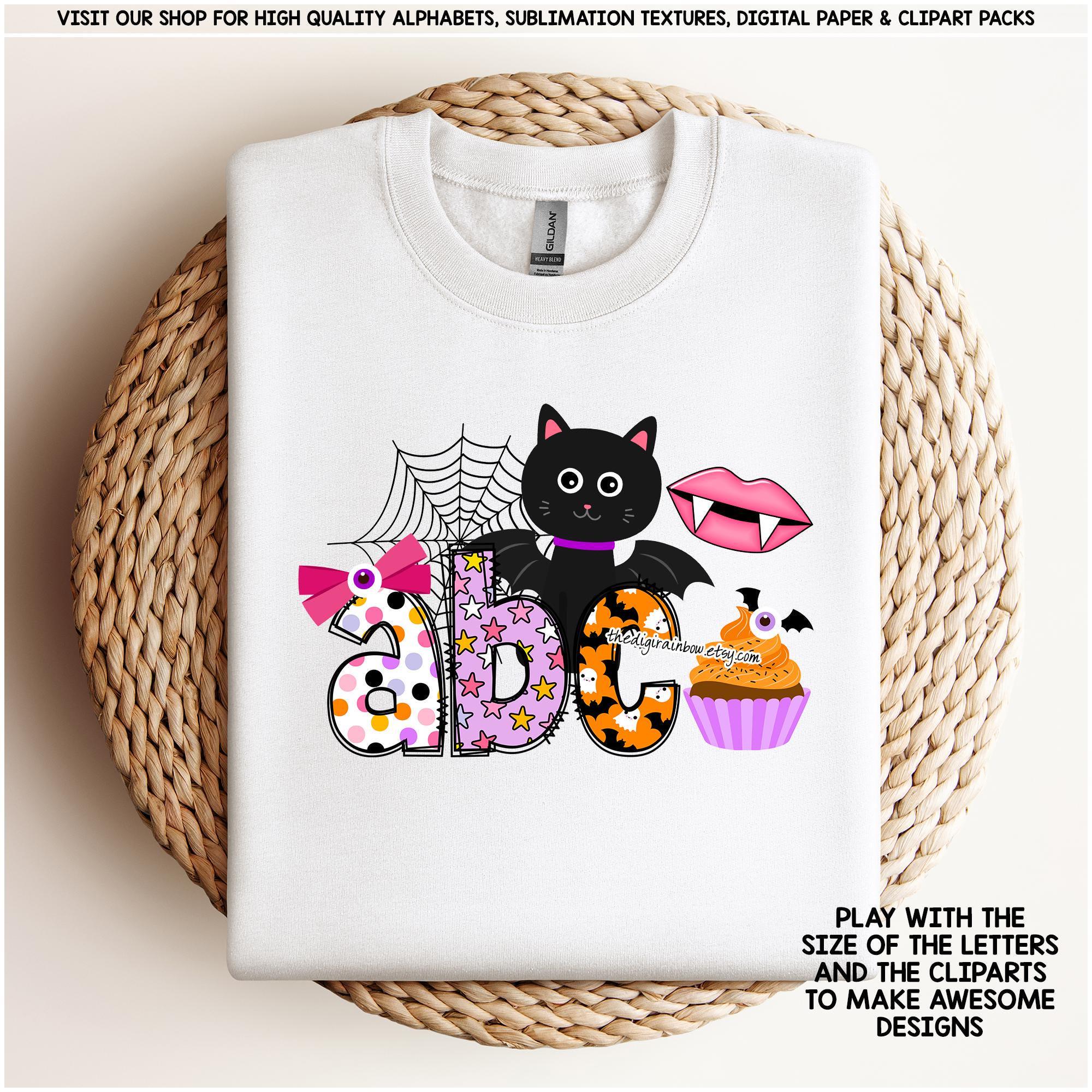 Pink Halloween Doodle Alphabet PNG Font Coquette Bow Pumpkin Clipart ...