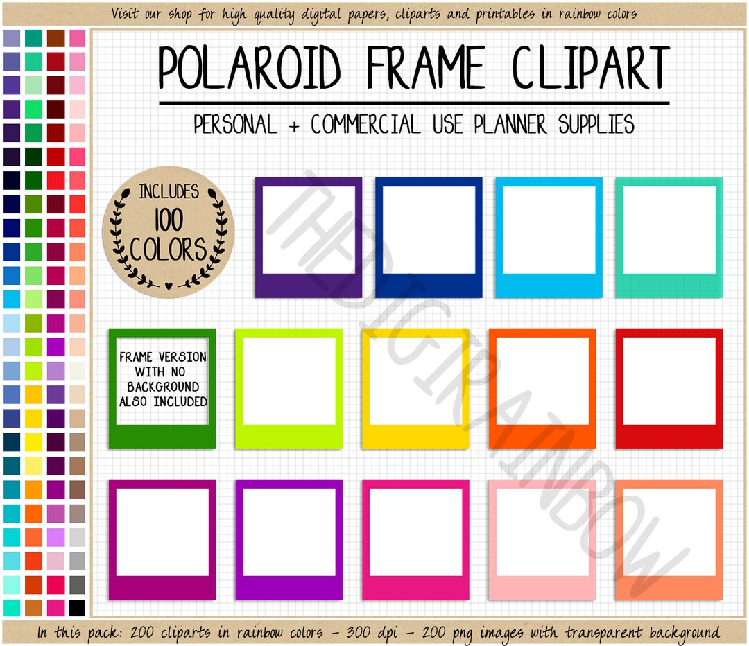 SALE 100 Polaroid Photo Frame Clipart Rainbow Picture Frame Printable ...
