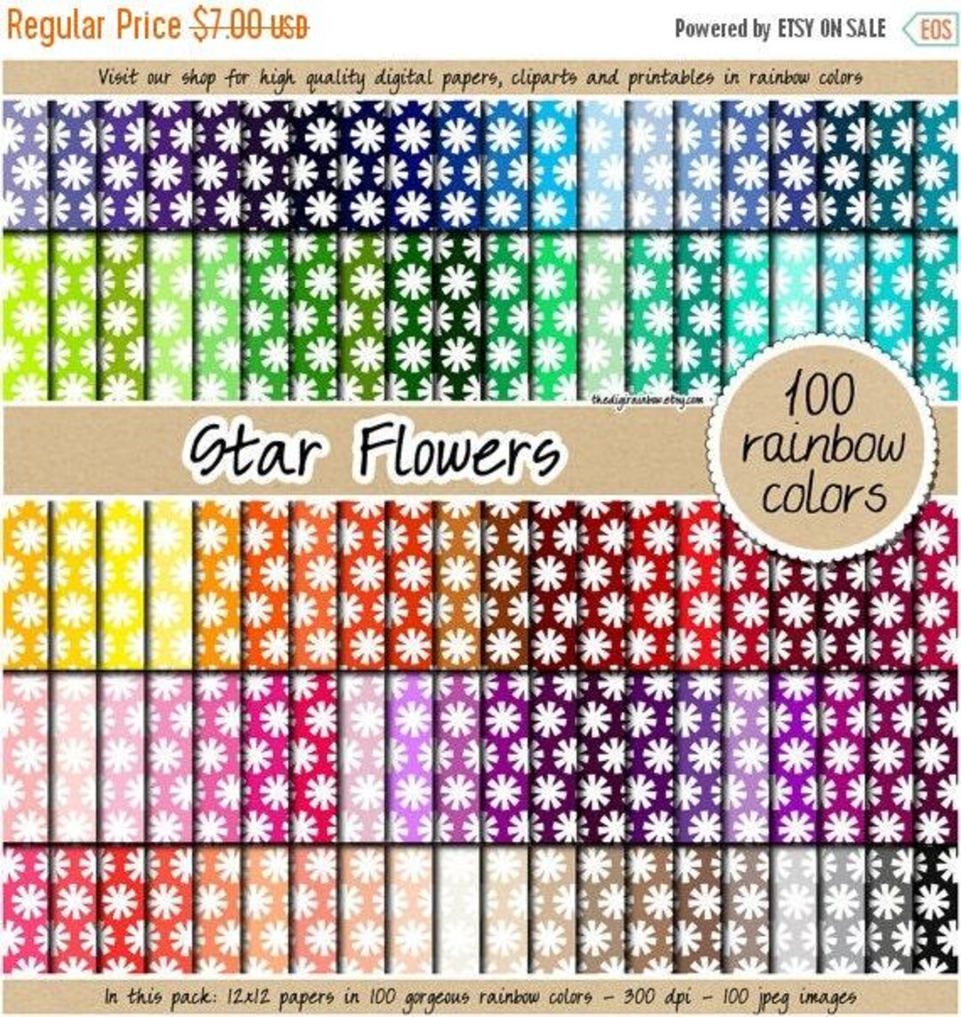 100 Star Flower Digital Paper Floral Digital Paper Star Rainbow Pattern ...