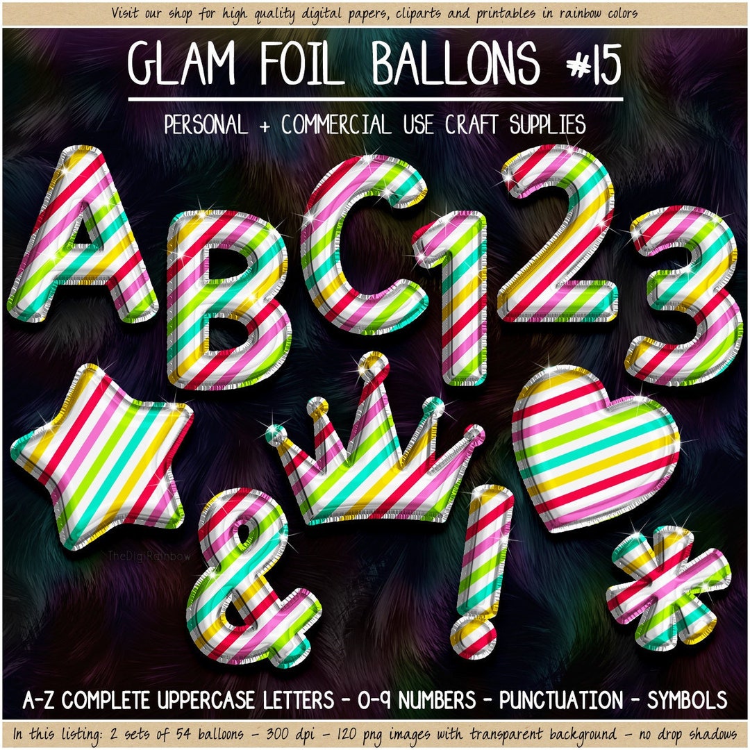 STRIPE Foil Balloon Alphabet Clipart Girl Birthday Balloon Font Rainbow ...