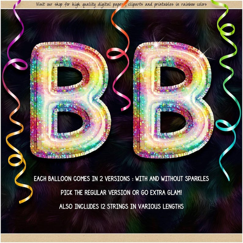 GLITTER Balloon Alphabet Clip Art Rainbow Foil Balloon Font Sublimation ...