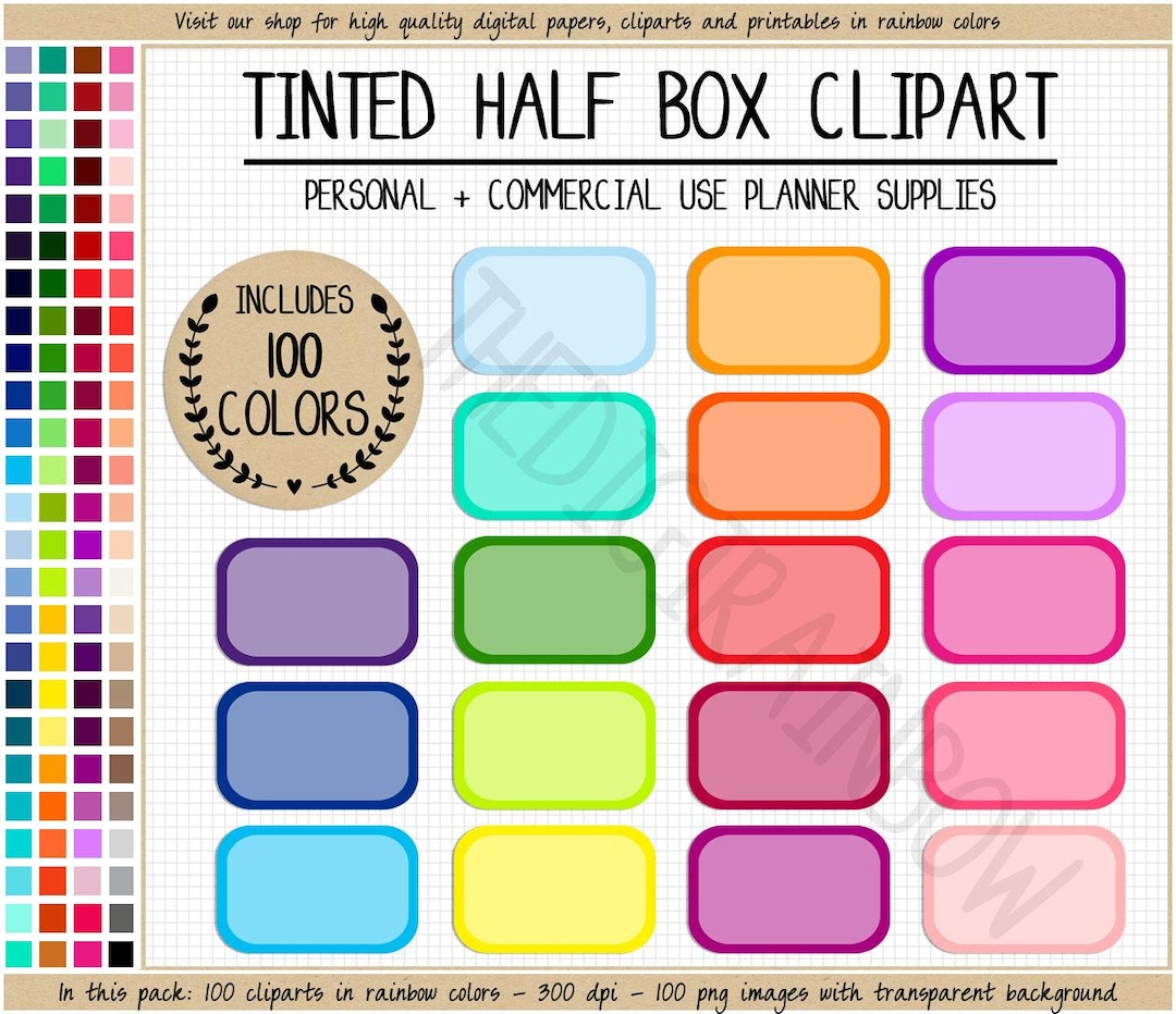 SALE 100 Rounded Half Box Clipart Tinted Half Box Sticker Rainbow Half ...