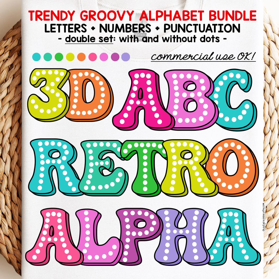 Retro Groovy PNG Alphabet Bright Dot Letters 3D Alpha Bundle Rainbow ...