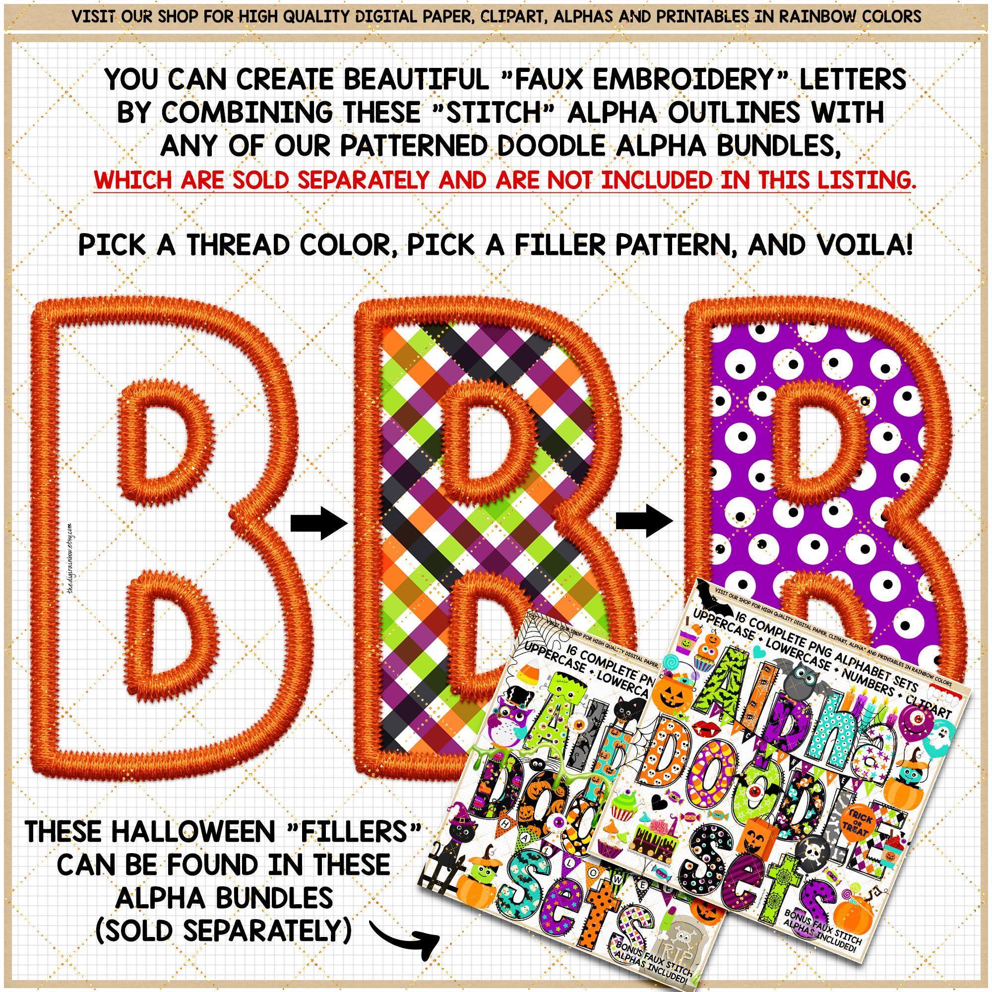 Halloween Faux Embroidery PNG Alphabet Outline, Spooky Alpha Bundle ...