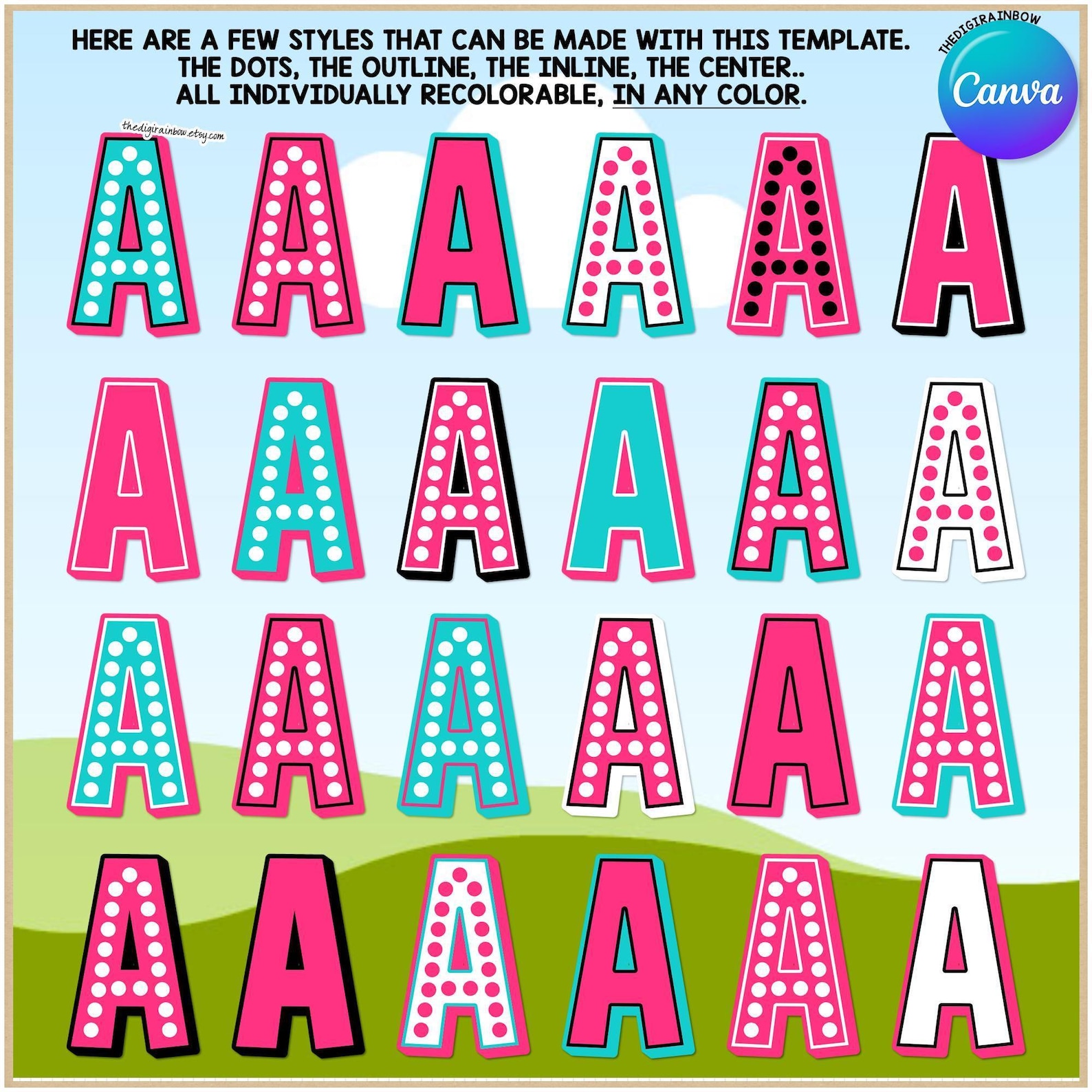 EDITABLE CANVA Dot Alphabet Template Bold Retro Letters Block Marquee ...