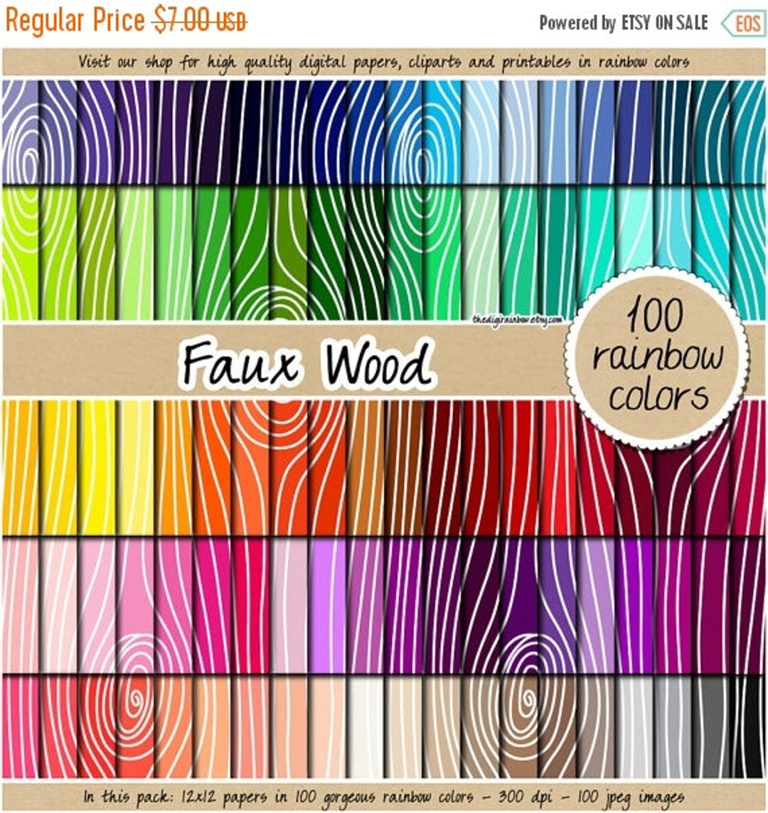 100 Faux Wood Digital Paper Doodled Wood Paper Rainbow Digital ...