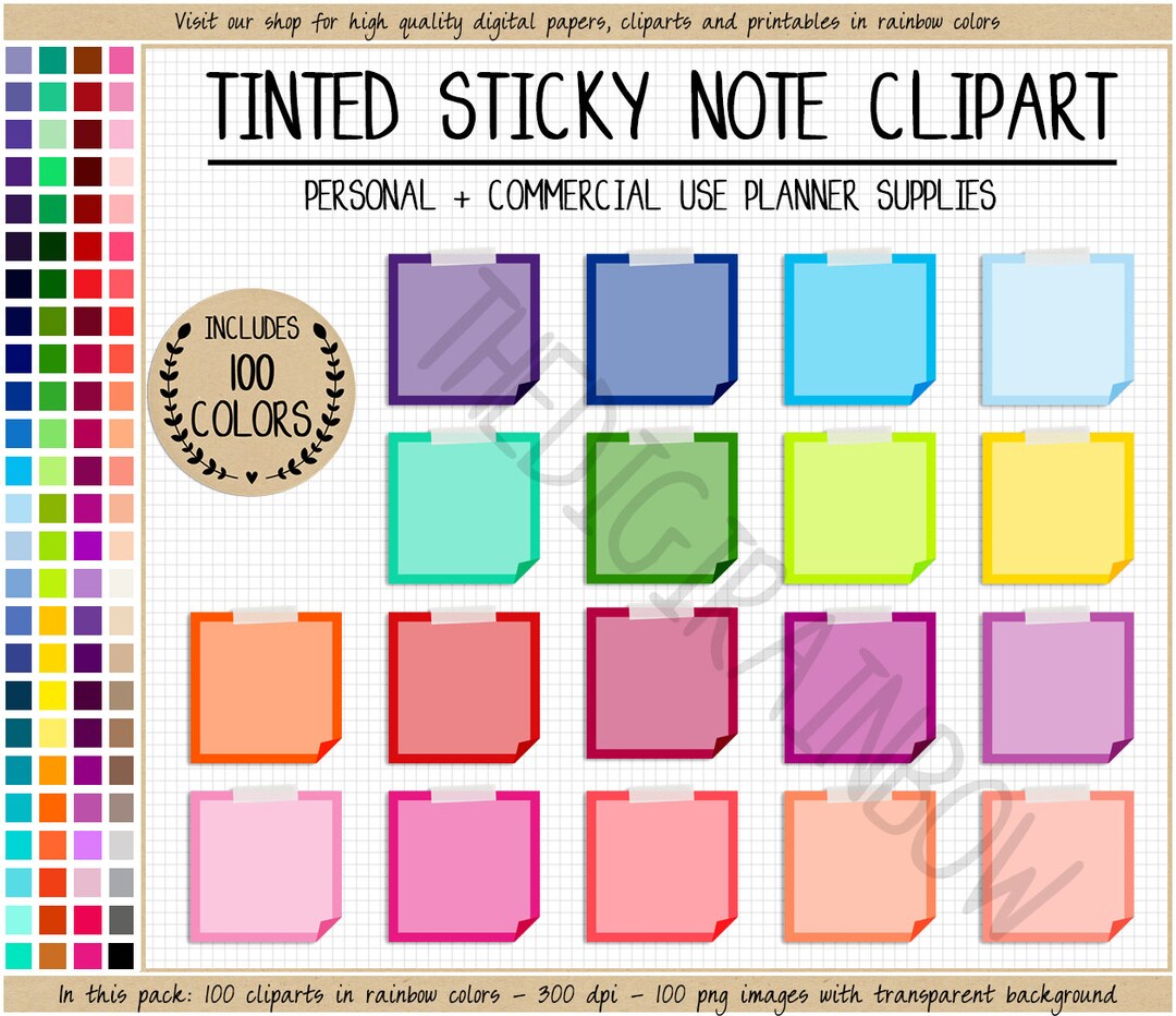 100 PINNED NOTE Digital Sticker Taped Square Sticky Note Clipart Washi ...