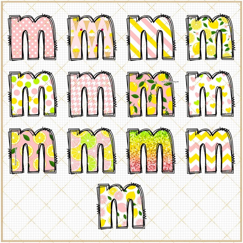 Pink Lemonade PNG Alphabet Doodle Lemon Font Faux Stitch Alpha Bundle ...