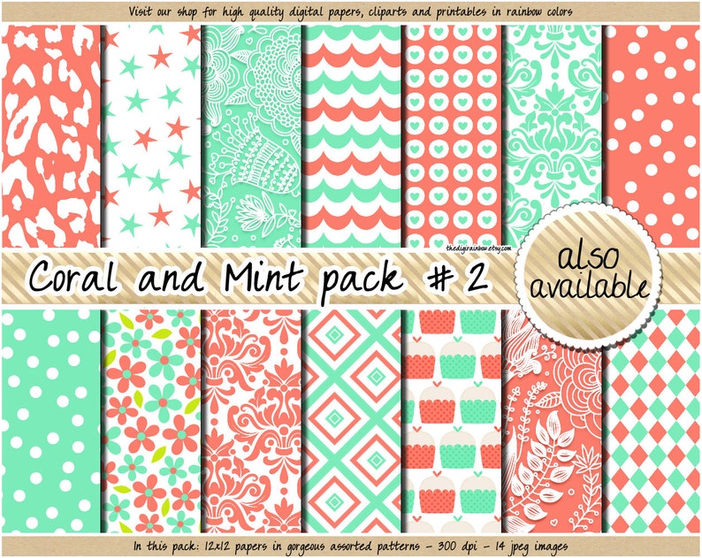 SALE Mint and Coral Digital Paper Nautical Digital Paper Aqua - Etsy
