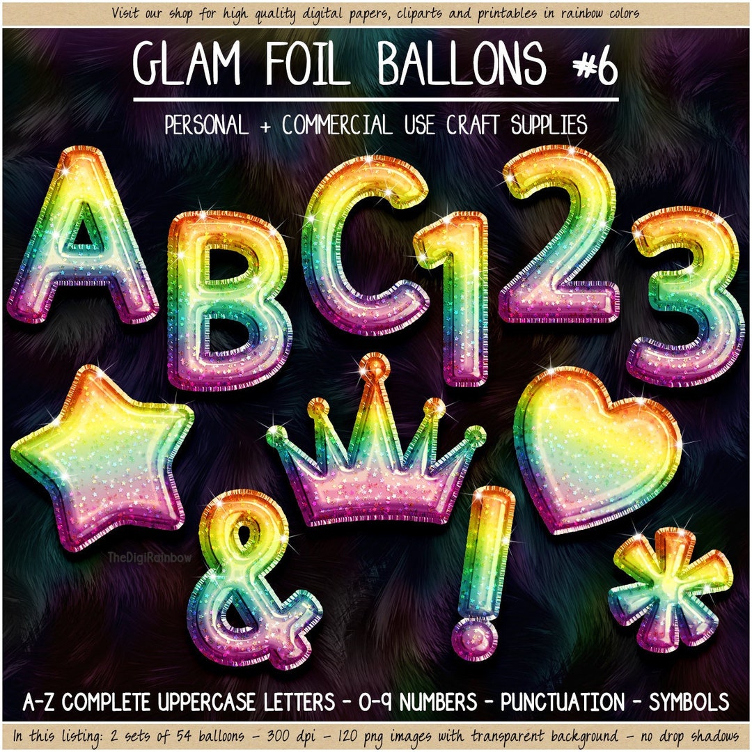 RAINBOW Foil Balloon Alphabet Clipart Rainbow Glitter Balloon - Etsy