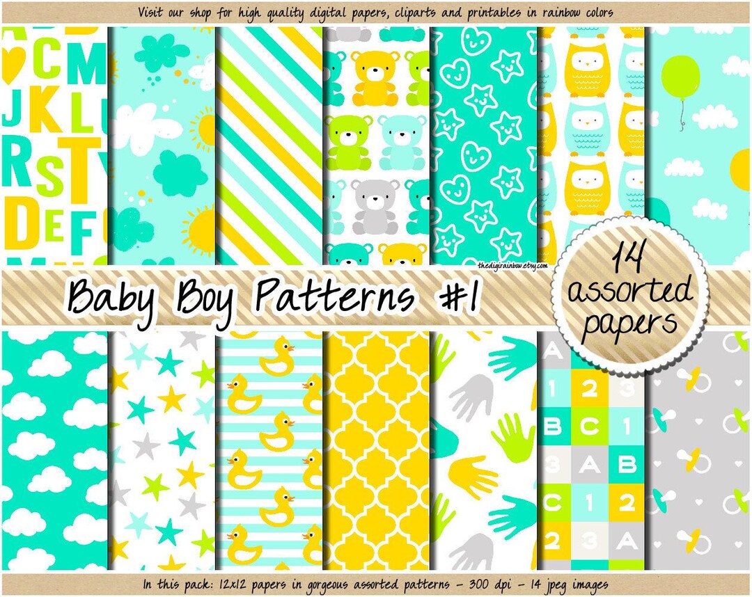 SALE Baby Boy Digital Paper Yellow Aqua Blue Digital Paper Baby Shower ...