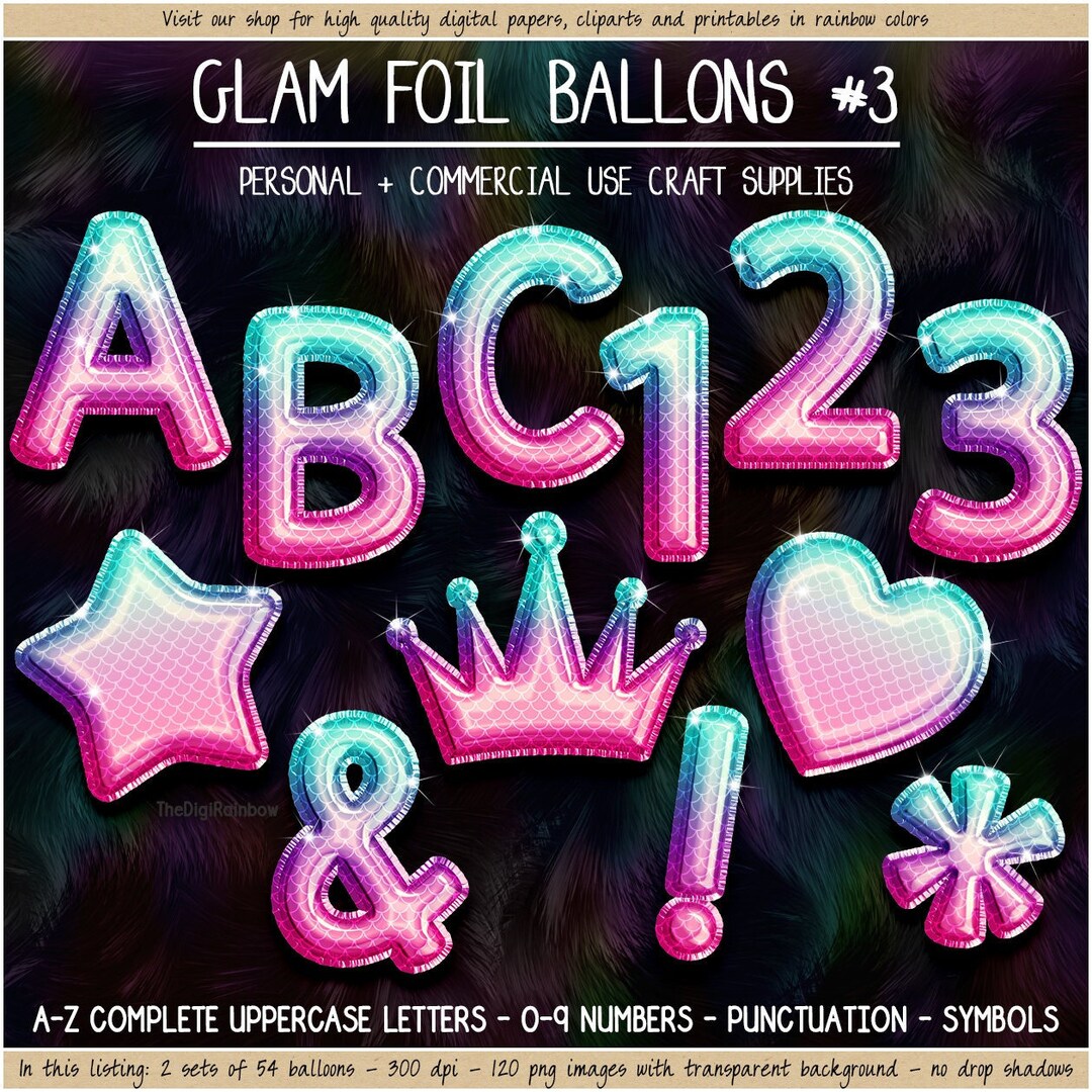 MERMAID Foil Balloon Alphabet Clipart Blue Purple Pink Birthday Balloon ...