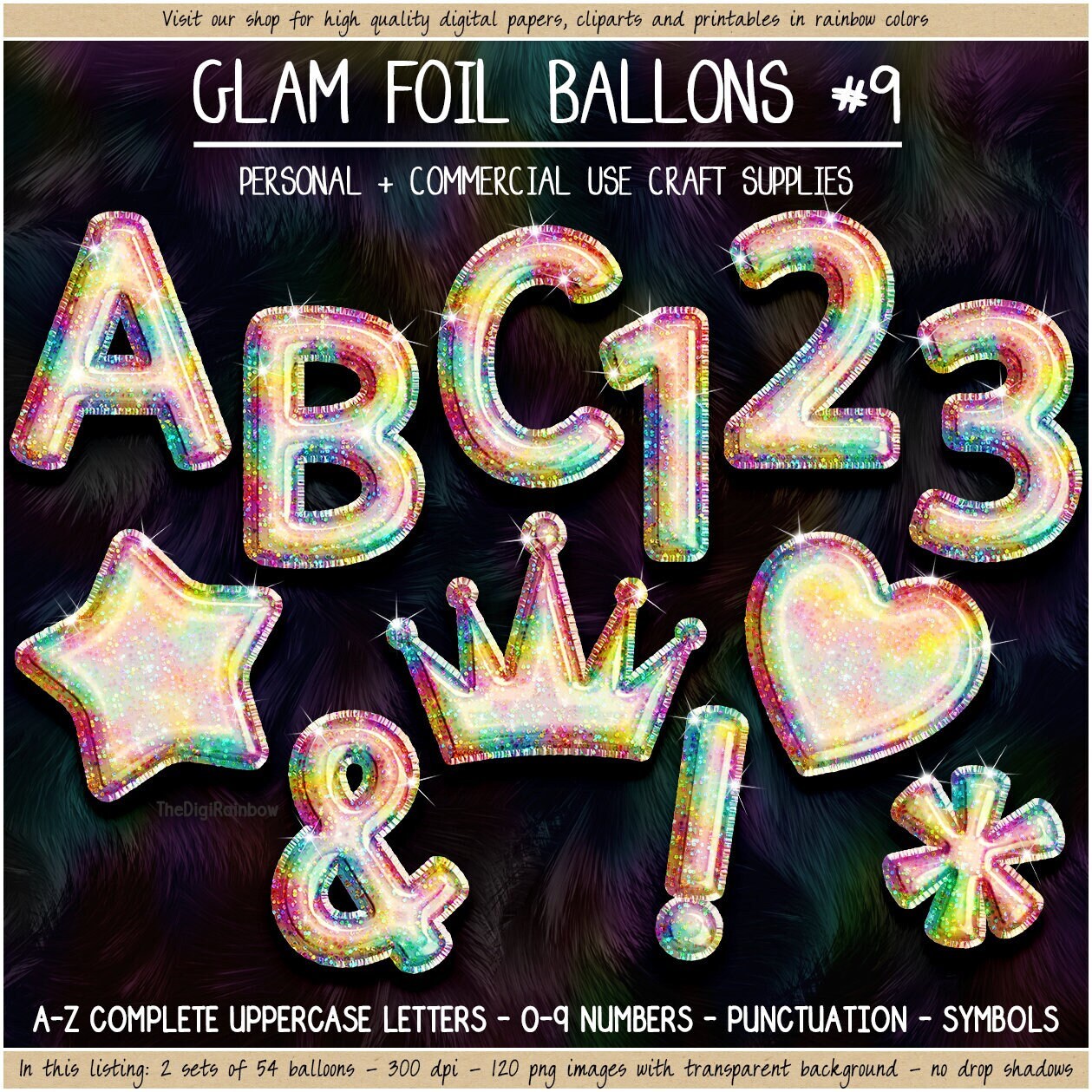 GLITTER Balloon Alphabet Clip Art Rainbow Foil Balloon Font - Etsy