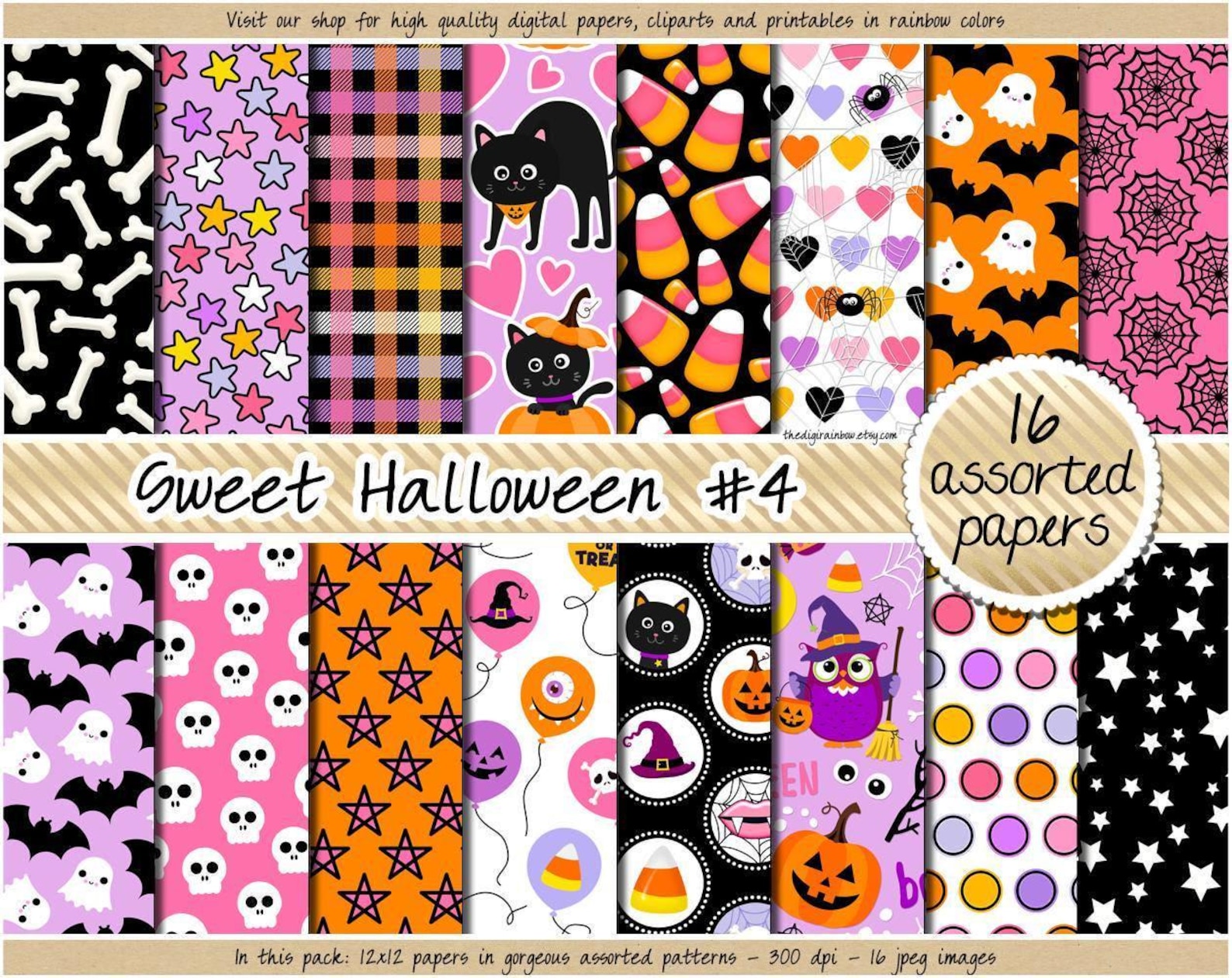 Halloween Digital Scrapbook Paper Black Cat Pattern Witch Printable ...