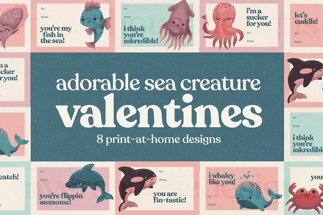Sea Creature Valentines, 8 Printable Ocean Animal Valentine's Day Cards ...
