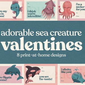 Sea Creature Valentines, 8 Printable Ocean Animal Valentine's Day Cards ...