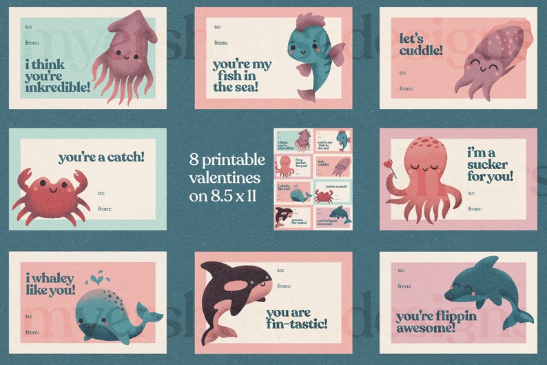 Sea Creature Valentines, 8 Printable Ocean Animal Valentine's Day Cards ...