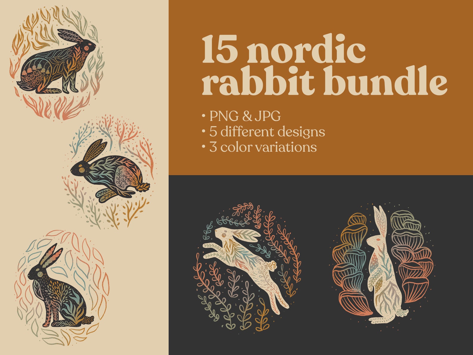 Nordic Rabbit Bundle PNG Design, Easter, Sublimation, Clip Art, Folk ...