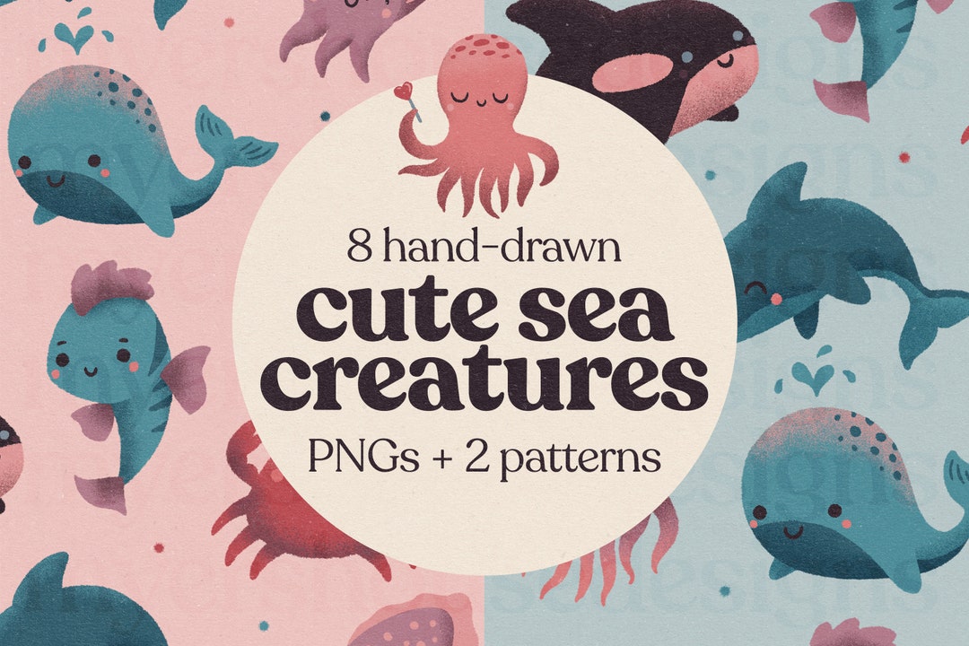 Cute Sea Creatures PNG, JPG, Pattern, Seamless, Clip Art, Ocean Animals ...