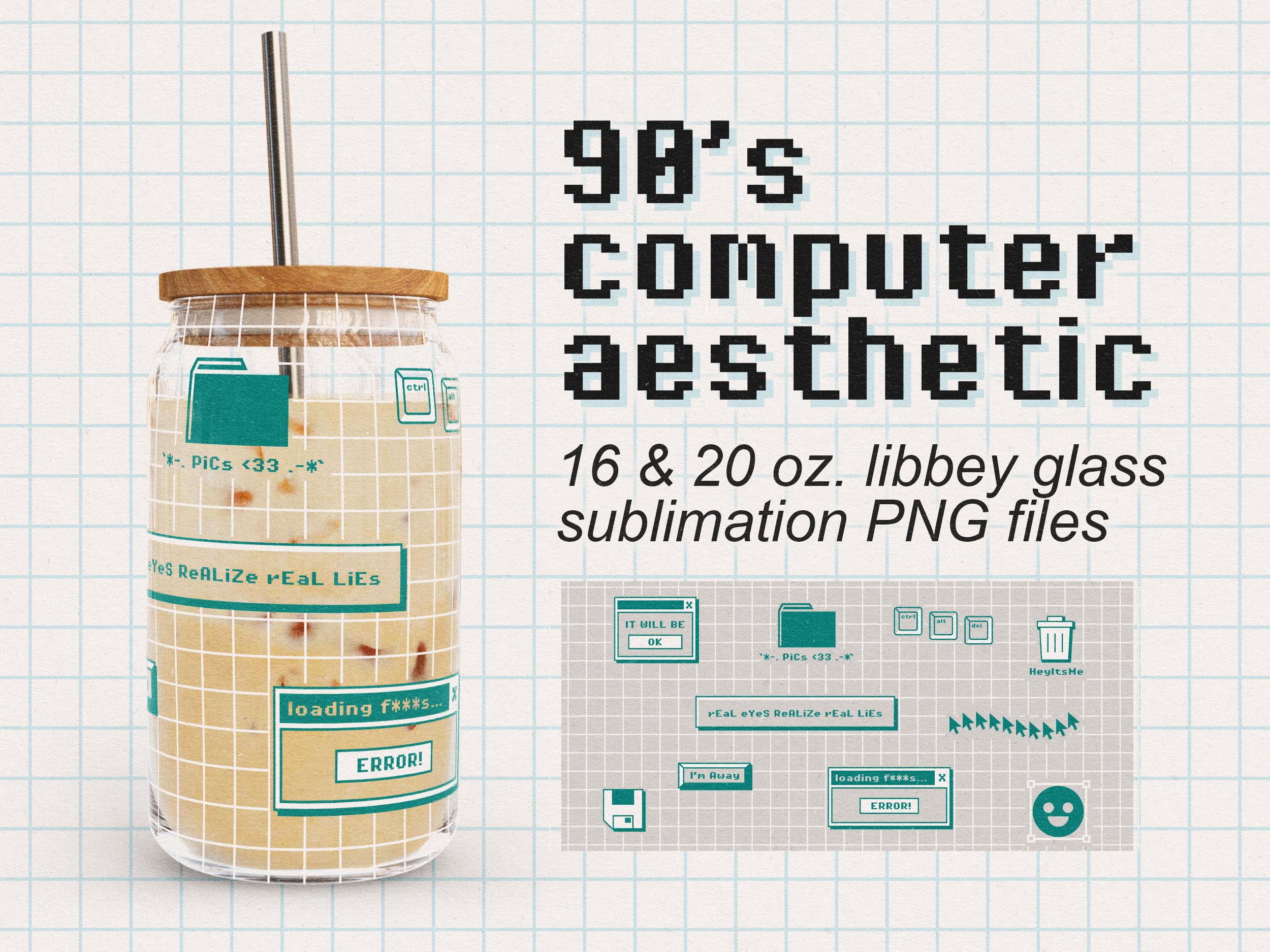 90s Computer Aesthetic 16 & 20 Oz. Libbey Glass Can Sublimation PNG ...