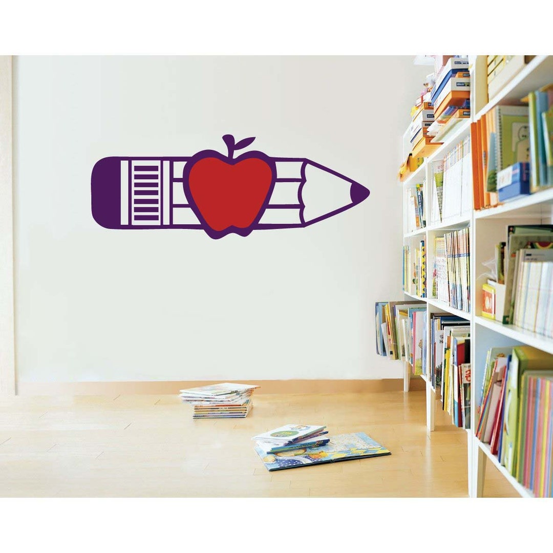 Pencil & Apple Teacher Classroom School Wall Sticker Decal 11"h X 31"w ...