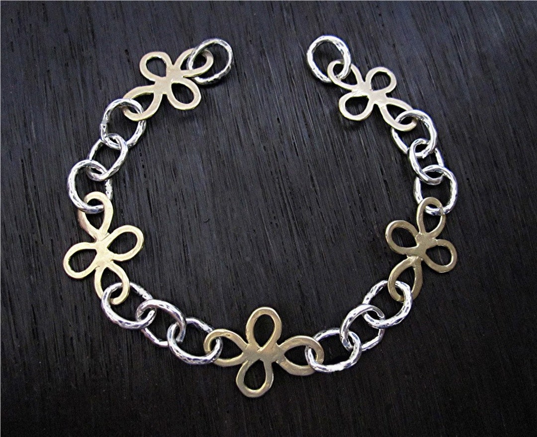 Sterling Silver and Gold Bronze Artisan Flower Link Chain 7 - Etsy