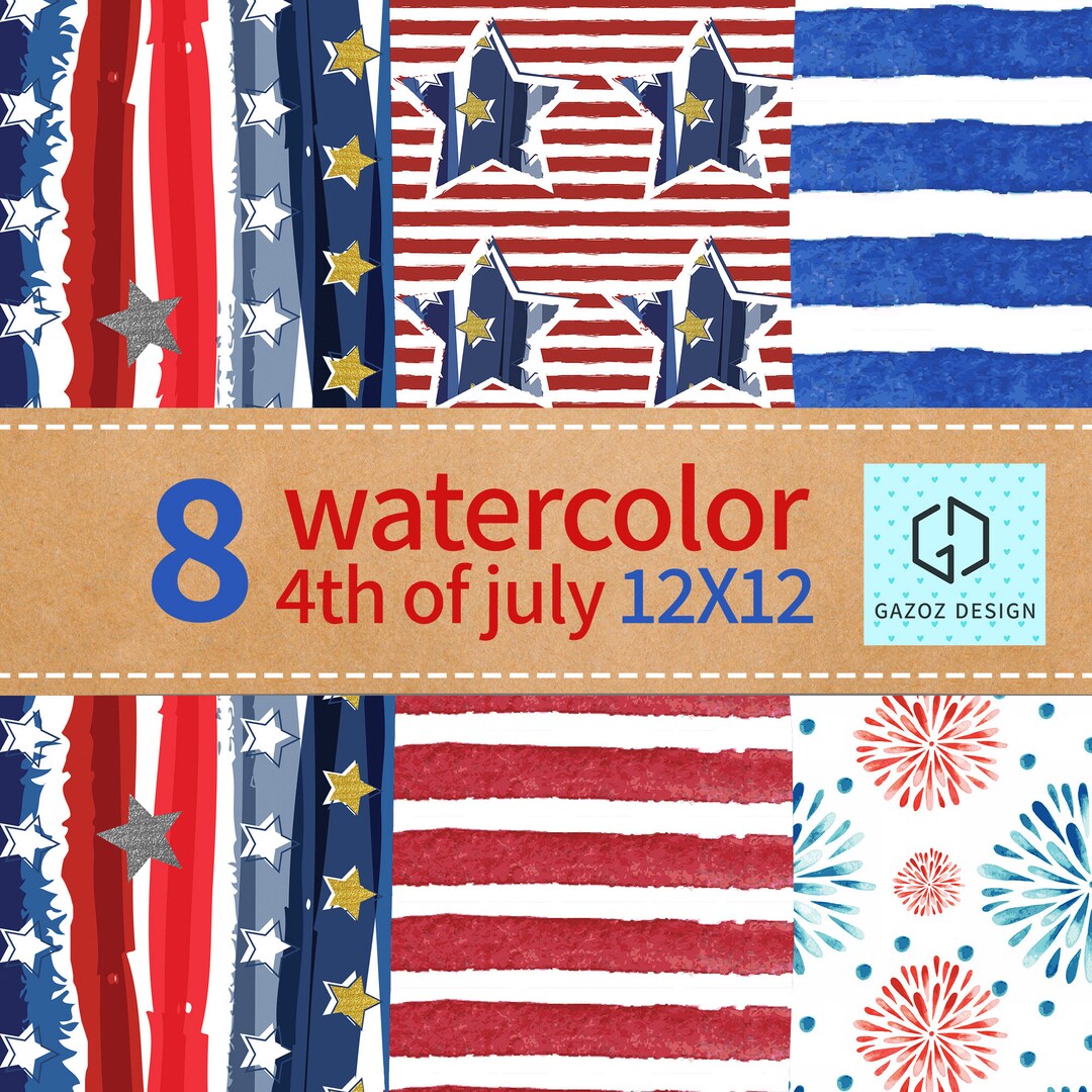 America Watercolor 4th of July Digital Paper Set in Bright Colors ...