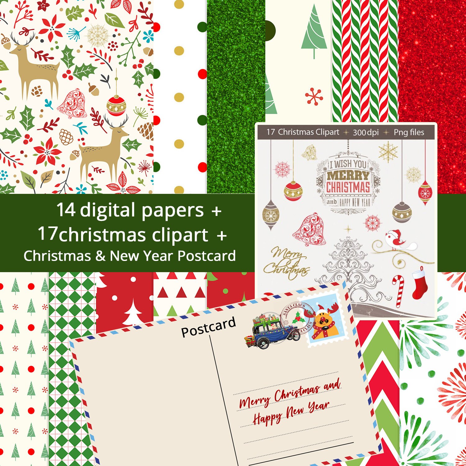 Christmas Digital Paper Pattern Deer, Christmas Digital Paper Pack ...